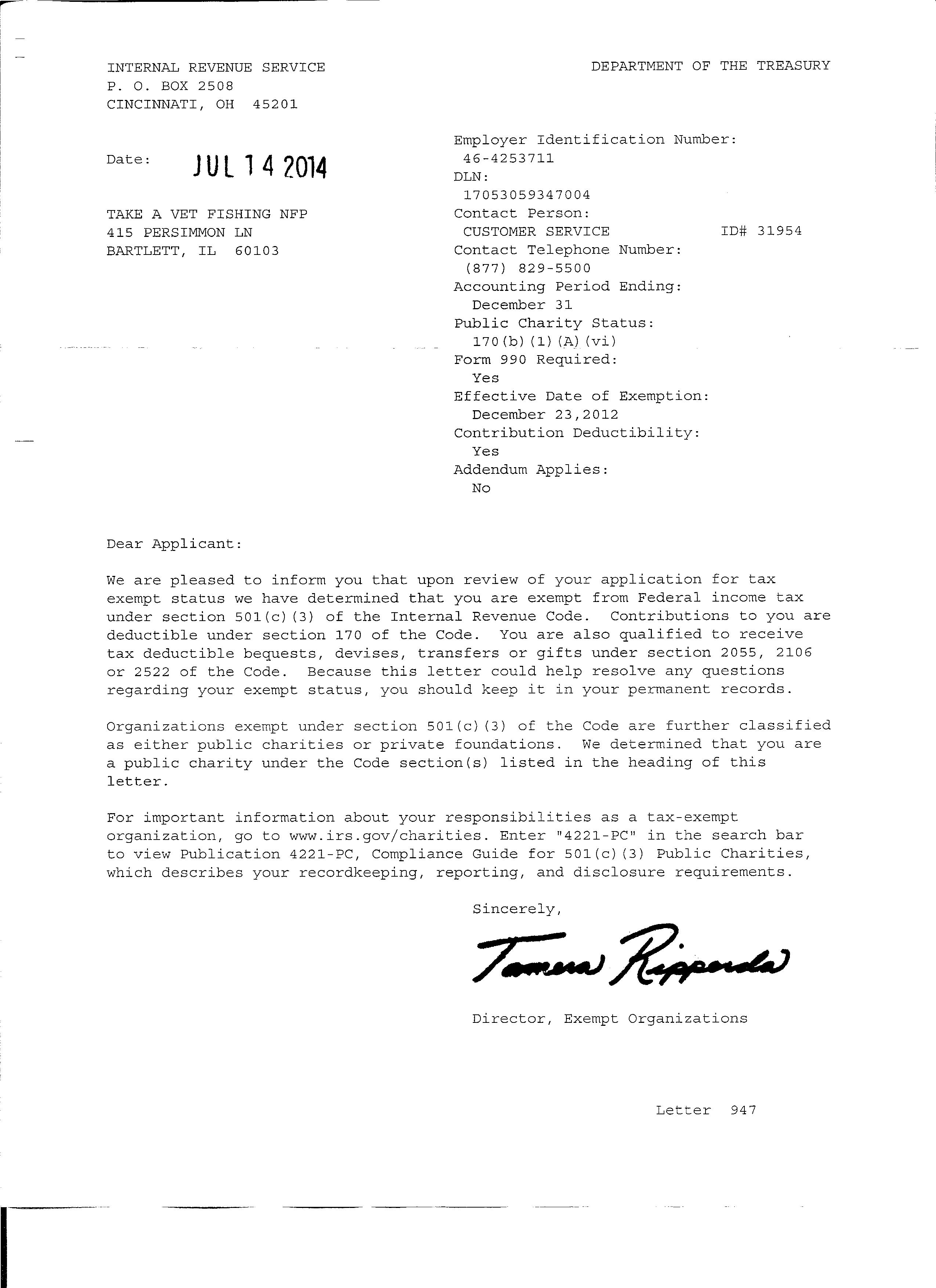 501 c 3 Determination Letter Take A Vet Fishing 501 c 3 Determination Letter Take A Vet Fishing
